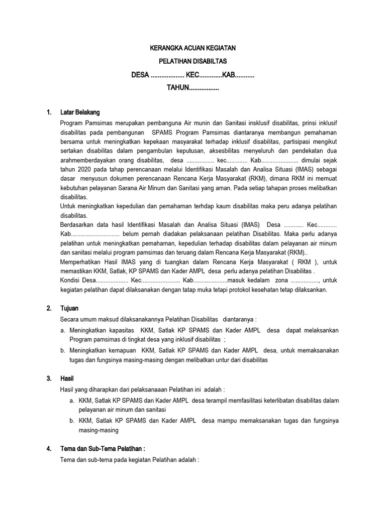 Templete Contoh KAK Pelatihan Disabilitas | PDF