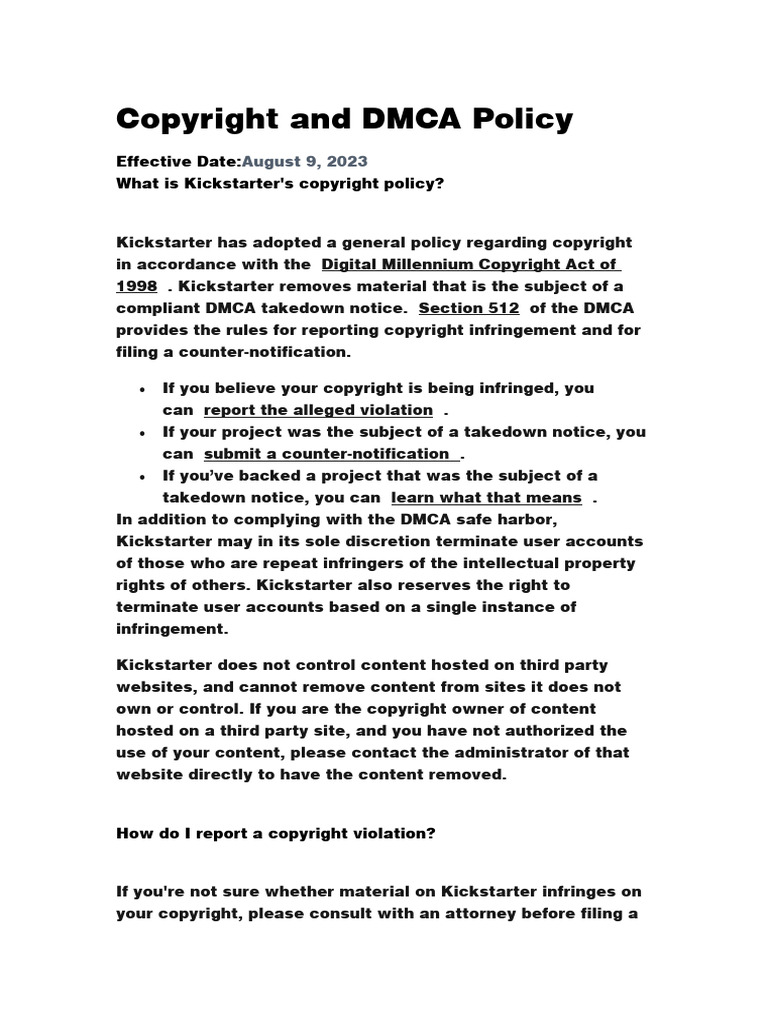 Kickstarter - Copyright and DMCA Policy | PDF | Online Copyright ...