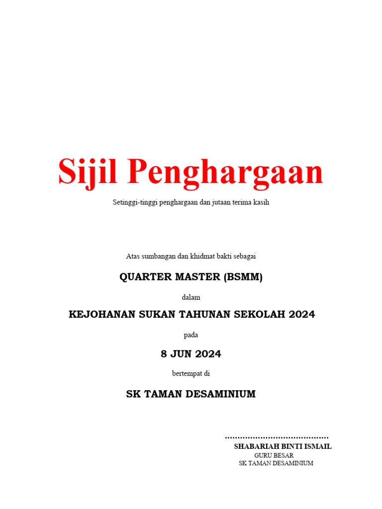 Sijil Penghargaan Quarter Master Sukan | PDF