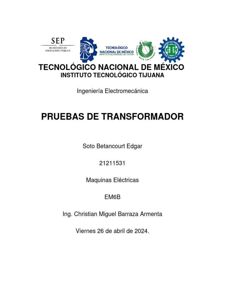 PRUEBAS DE TRANSFORMADORES - 21211531- EM6B | PDF | Aislador (Electricidad) | Transformador