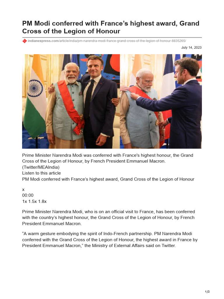 PM Modi Receives France's Grand Cross Award | PDF | Narendra Modi | France