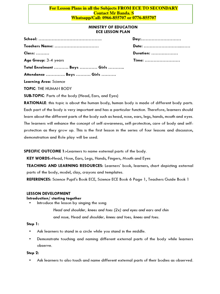 Ece Science 3-4 Sample Lesson Plan by MR Banda 0966855707 | PDF ...