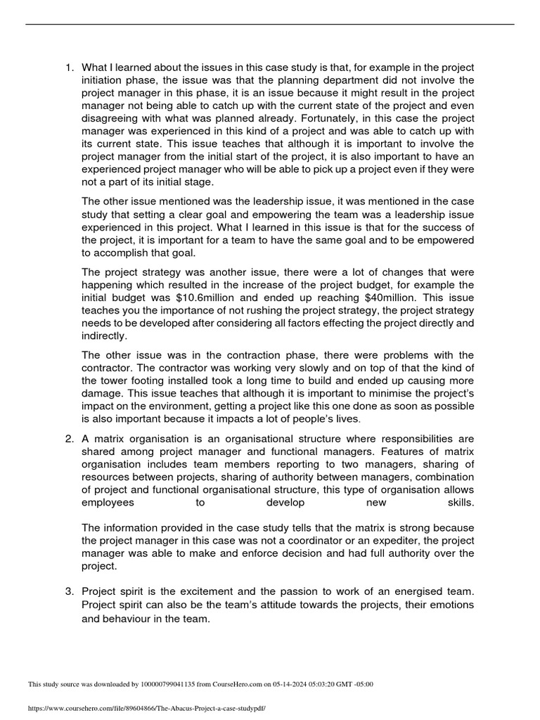 The Abacus Project A Case Study PDF | PDF | Leadership | Project Management