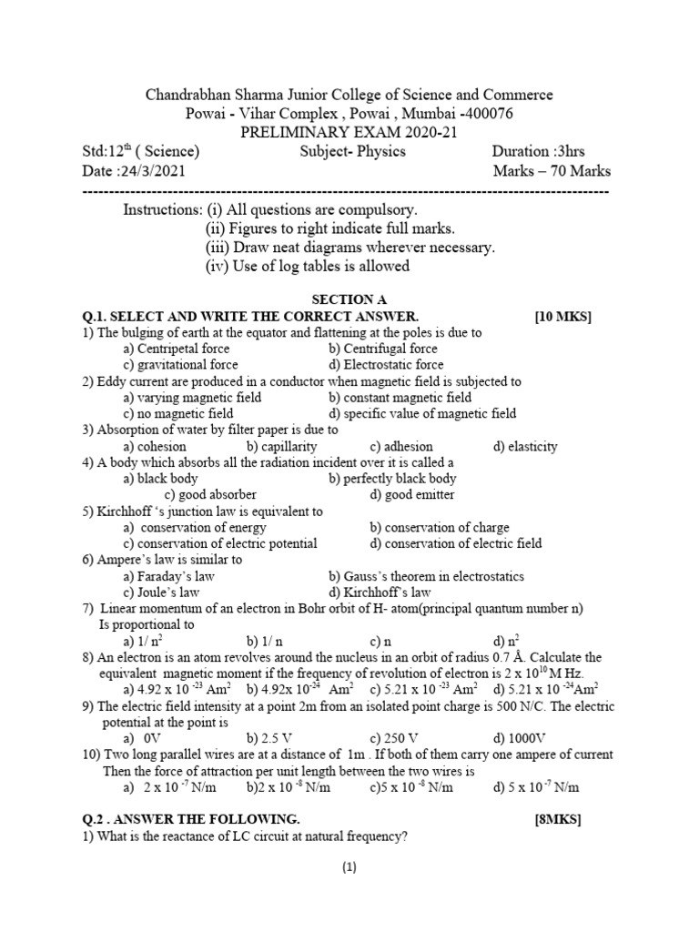 Chandrabhan Sharma Junior College of Science and Commerce | PDF | Inductance | Force
