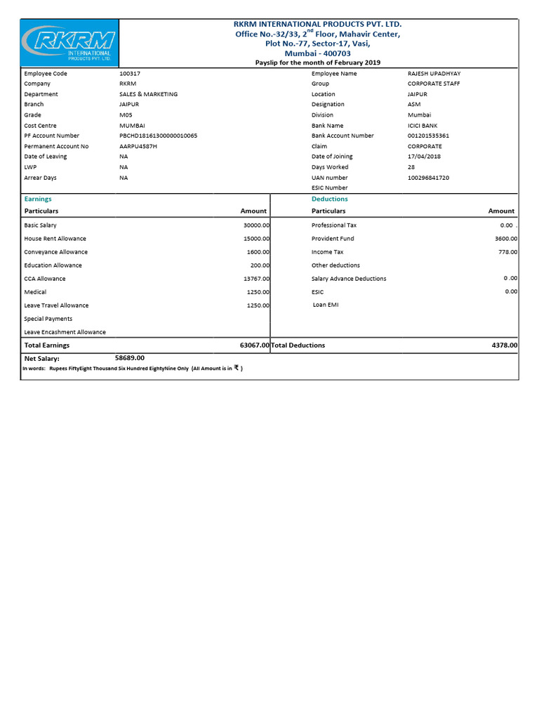 RKRM International Salary Slip February 2019 | PDF | Money | Personal ...