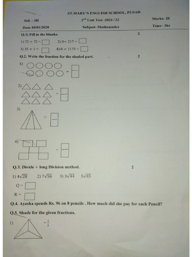 3rd Maths 2 Unit Test 21 | PDF
