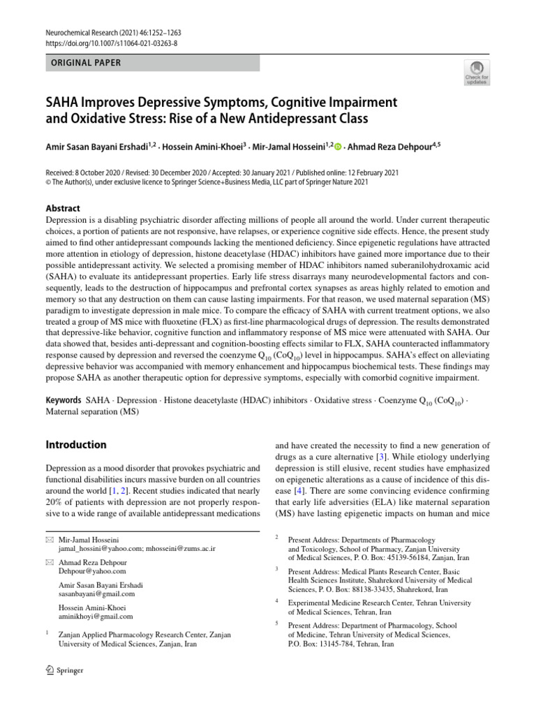SAHA - EPIGENETIC - DEPRESSION MICE s11064-021-03263-8 | PDF | Major ...