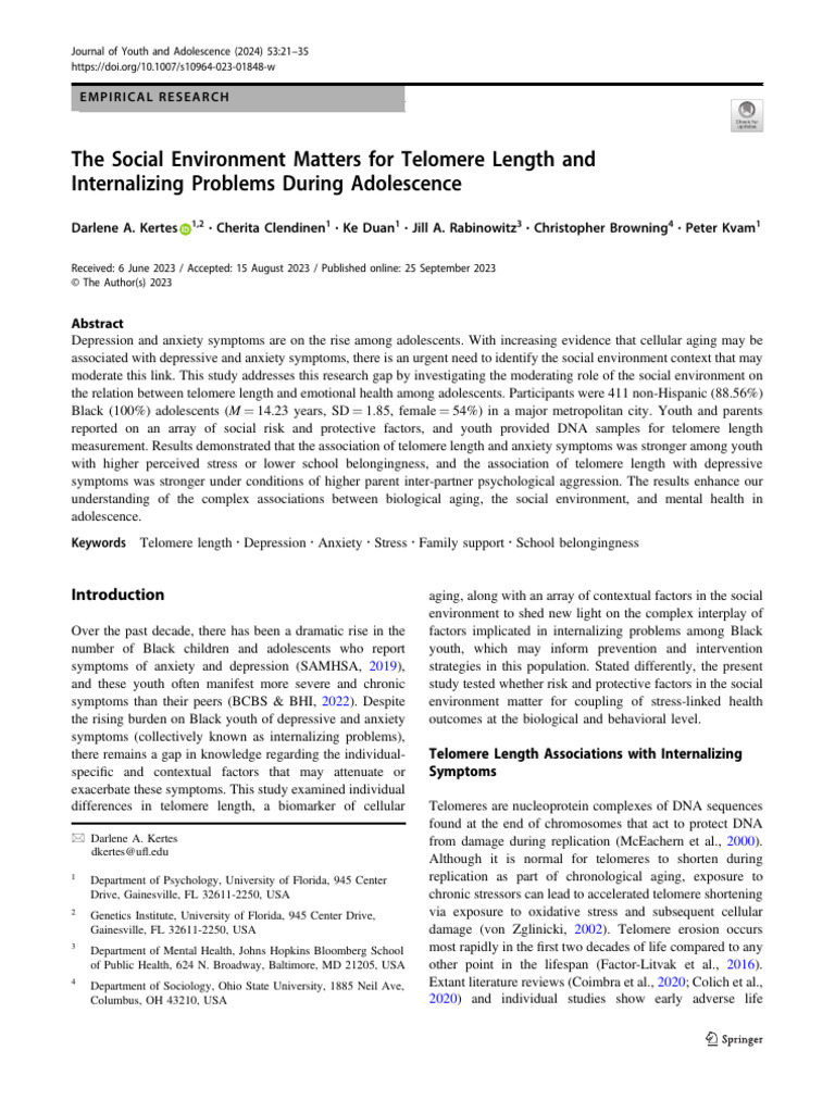 The Social Environment Matters For Telomere Length and Internalizing ...
