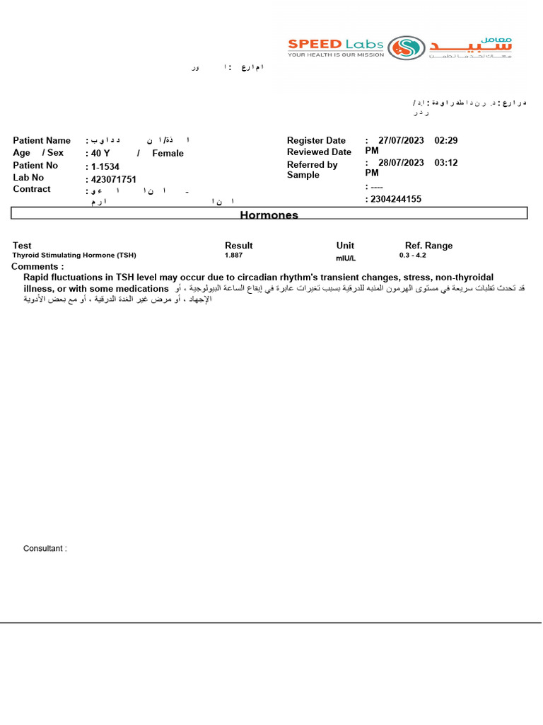 Hormones: Thyroid Stimulating Hormone (TSH) 1.887 0.3 - 4.2 | PDF