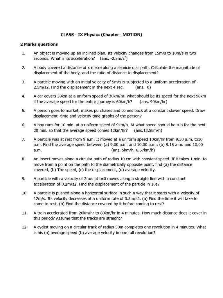 Class 9 Motion Test | PDF | Speed | Velocity
