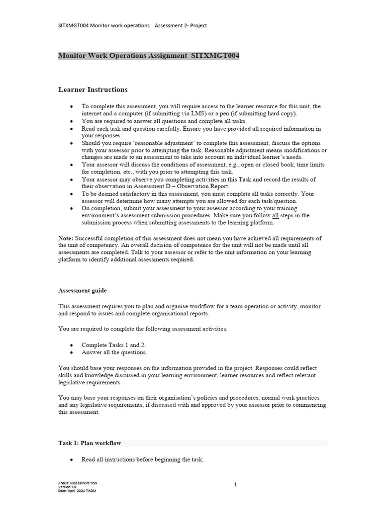 SITXMGT004 Monitor Work Operations Assessment 2 - Project Task | PDF ...