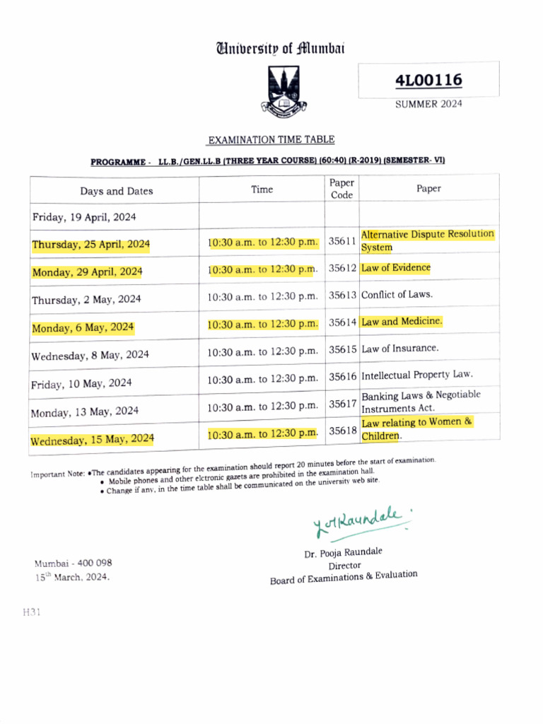 3-3 Sem VI April 2024 Exam Timetable (60'40) | PDF
