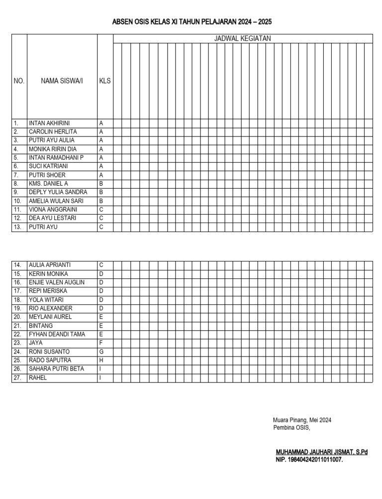 Absen Osis Kelas Xi Tahun Pelajaran 2024 | PDF