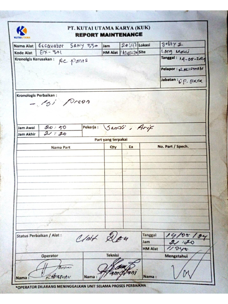 Report Maintenance - 14 Mei 2024 - Site Long Mahli | PDF