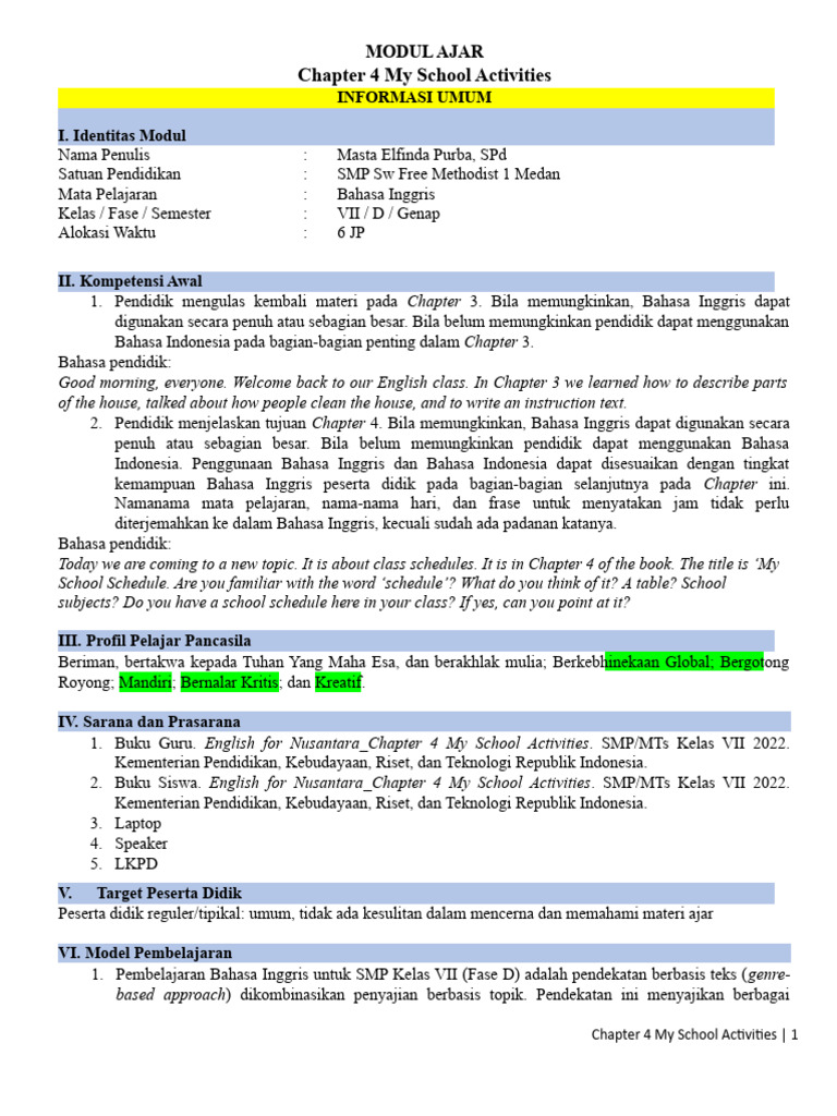 Modul Ajar Chapter 4 My School Activities | PDF