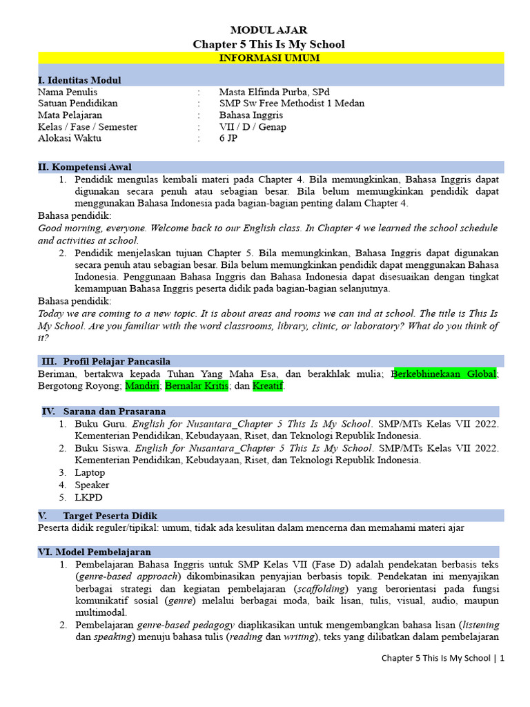 MODUL AJAR CHAPTER 5 THIS IS MY SCHOOL | PDF