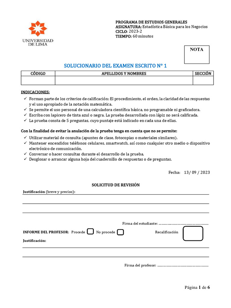 EE1 EBN 2023-2-Mi - (09-13) - FTC - Solucionario | PDF | Cuestionario | Estadísticas