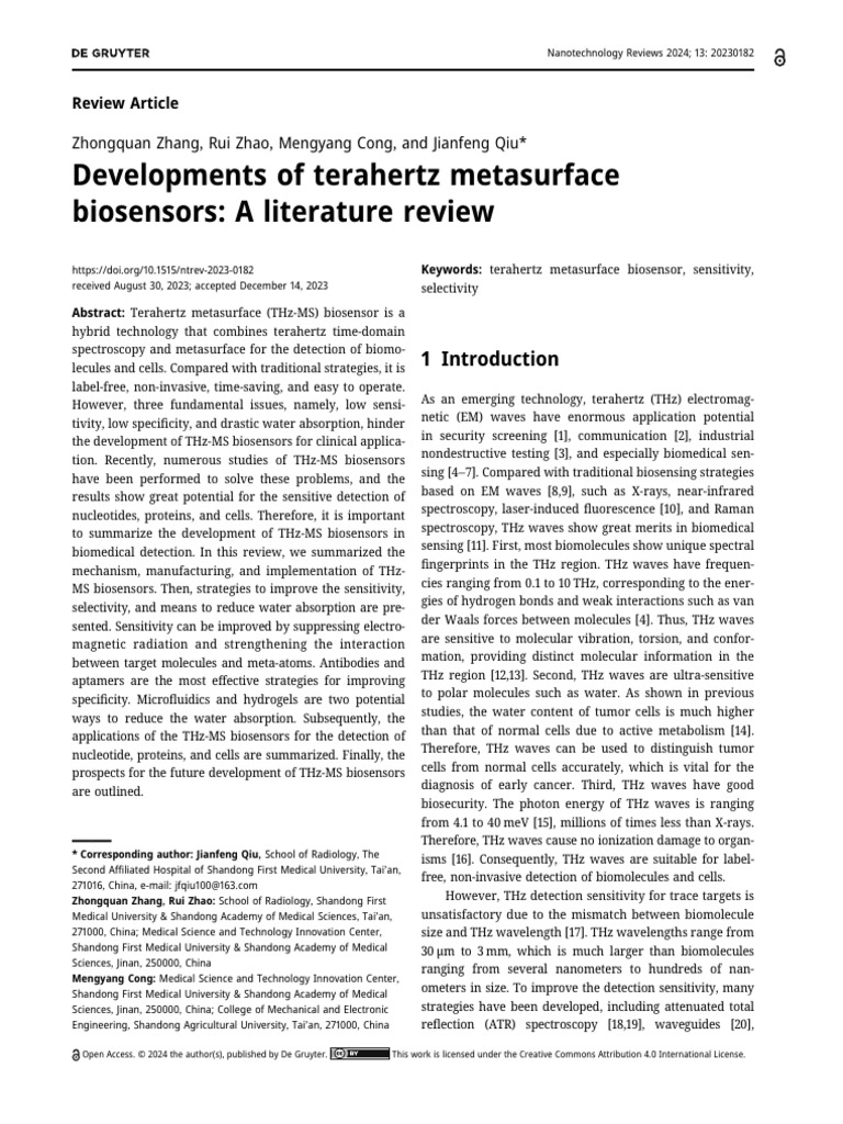 Developments of Terahertz Metasurface Biosensors A | PDF | Biosensor | Graphene