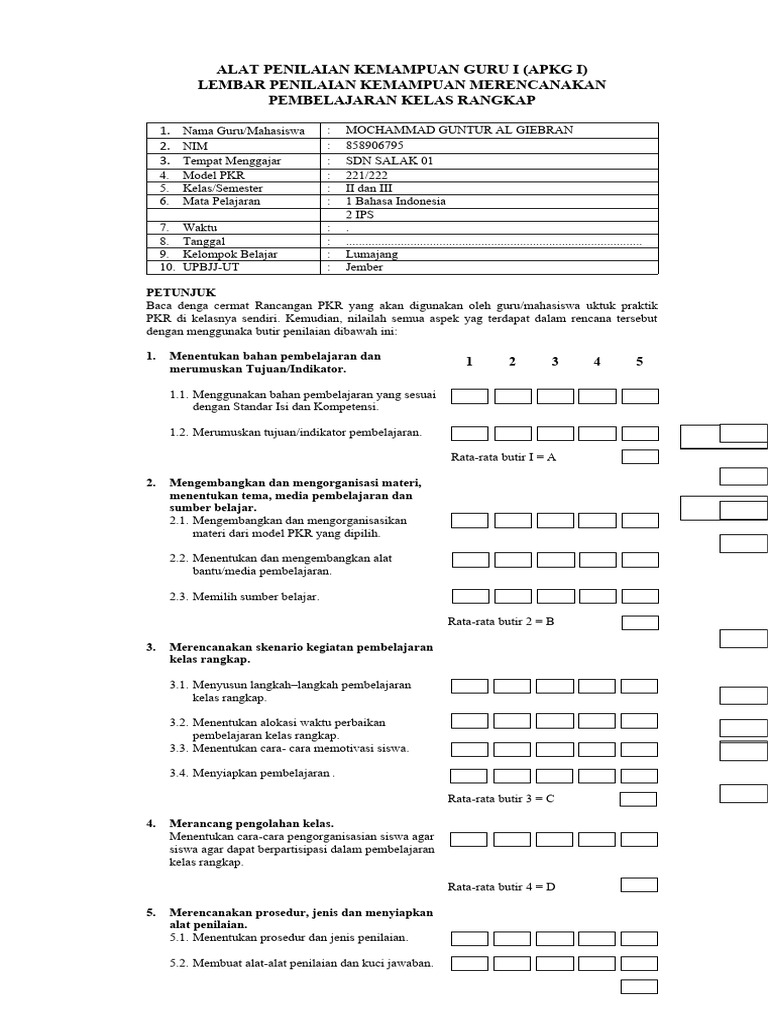 Alat Penilaian Kemampuan Guru 1 Apkg 1 - Pembelajaran Kelas Rangkap - MR Supri | PDF | Karier ...