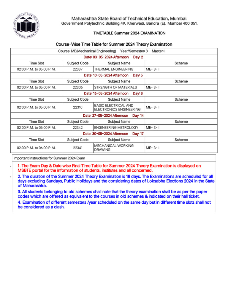 Time Table For Summer 2024 Theory Examination | PDF | Academic Term ...