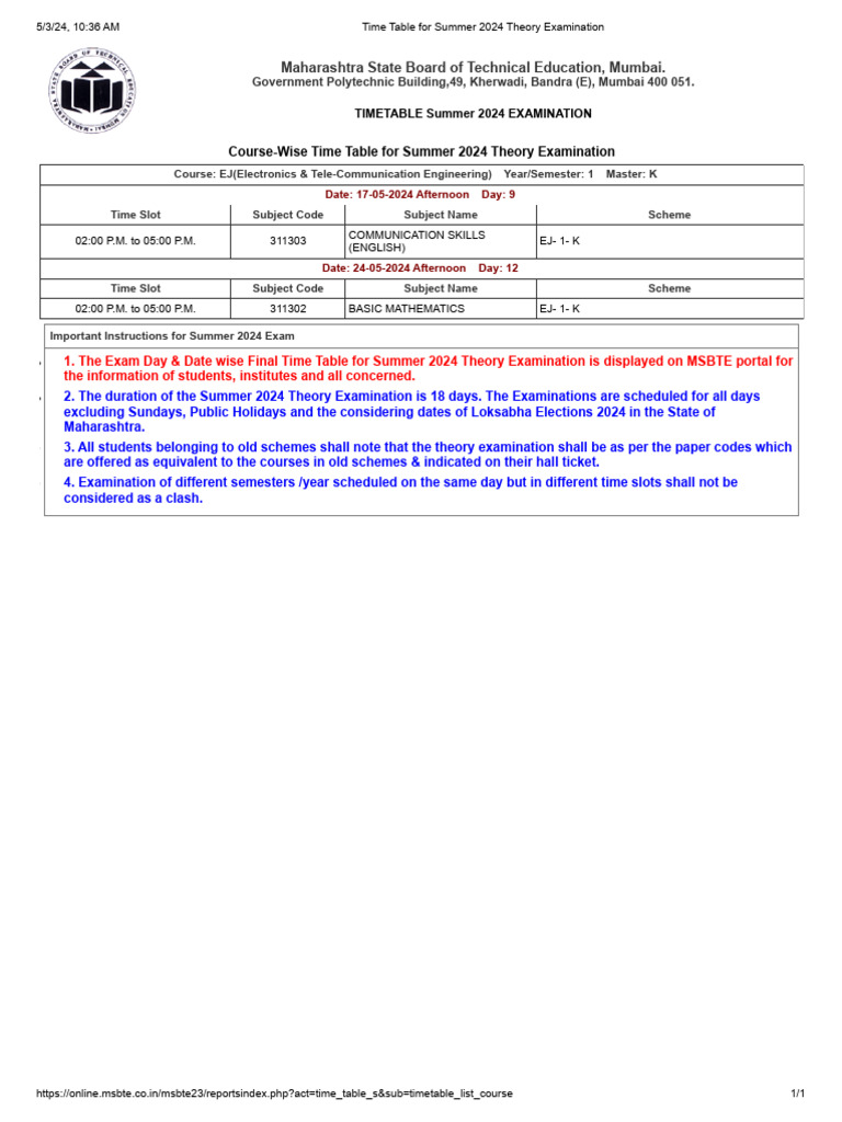 Summer 2024 Exam Timetable EJ Course | PDF