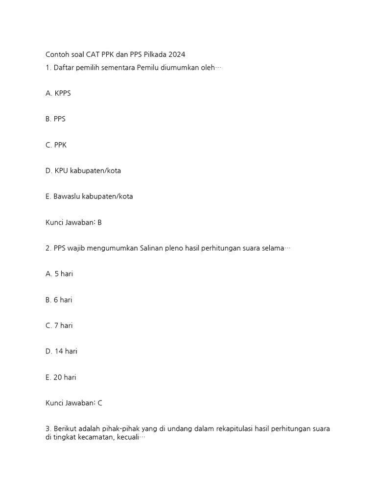 Contoh Soal CAT PPK Pilkada 2024 | PDF | Hukum