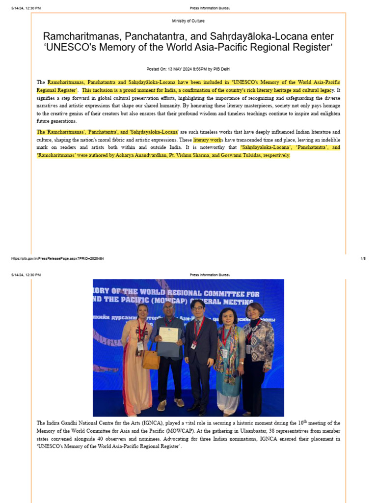 UNESCO Memory of The World List | PDF