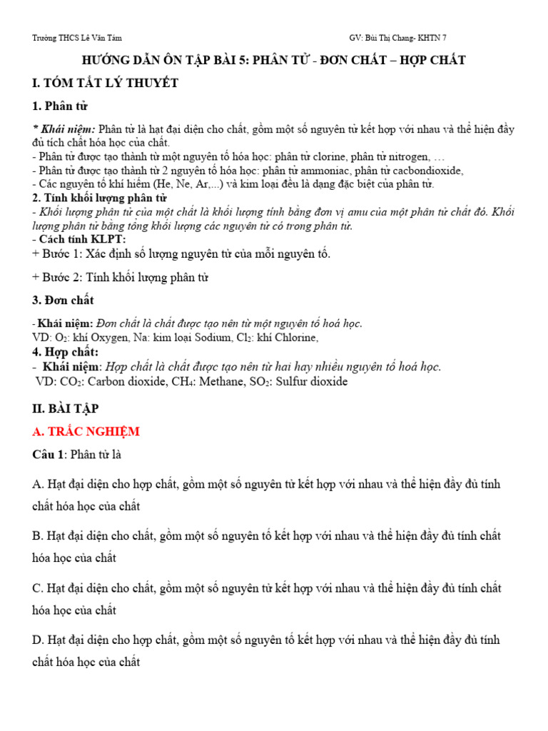 khtn7- Ôn tập bài 5- Phân tử- Đơn chất- Hợp chất | PDF
