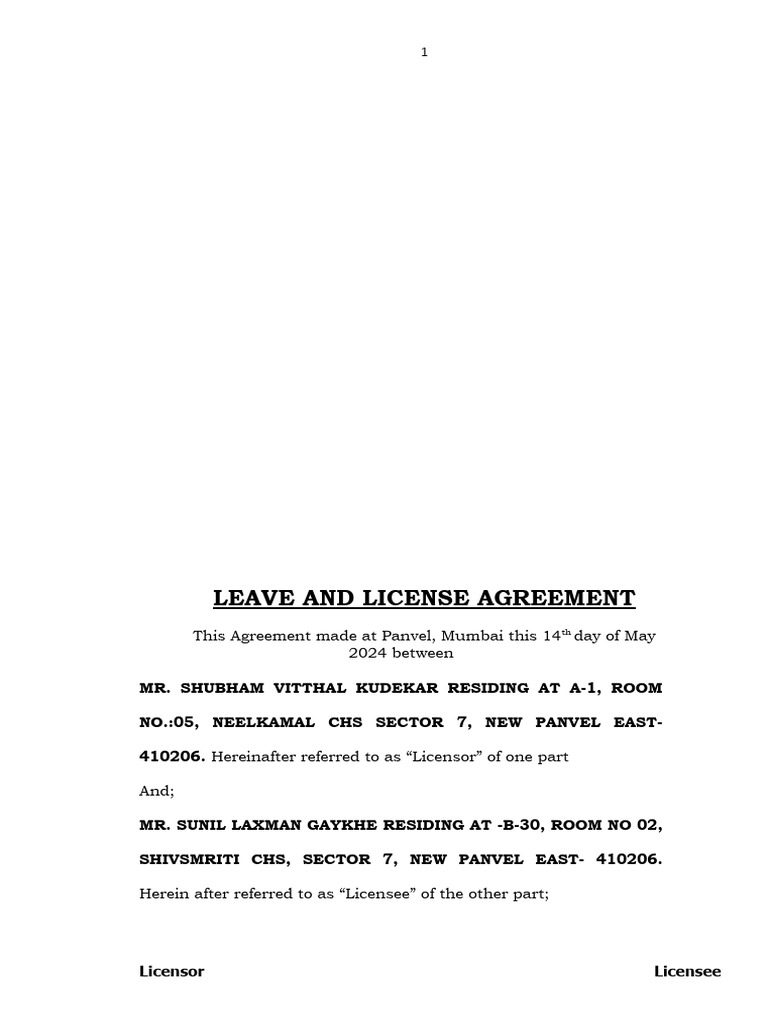 Leave and License Agreement - Sunil Gaykhe - Cafe | PDF | License | Landlord