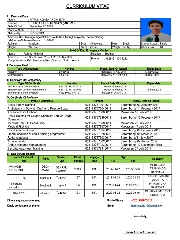 Deck Officer CV of Harun A. Ardiansah | PDF | Shipping | Watercraft