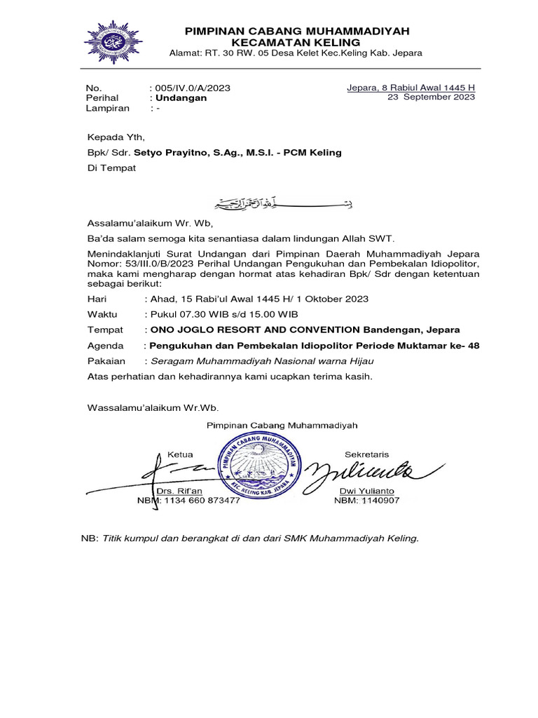 004-IV.0-A-2023 Surat PCM - Surat Permohonan SK PCM Keling Ke PDM Jepara | PDF