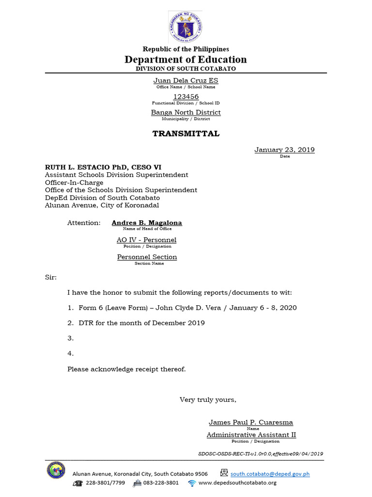 Transmittal-Sample 2024 | PDF