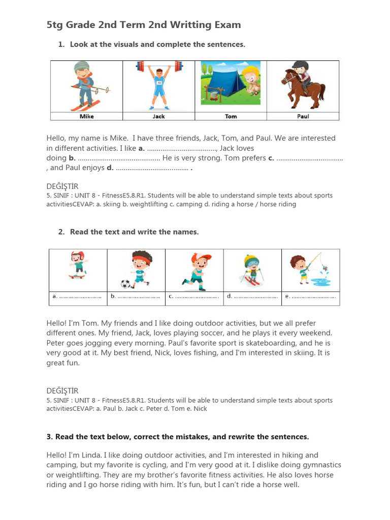 5th Grade 2nd Term 2nd English Writting Exam-A | PDF | Sports & Recreation | Language Arts ...