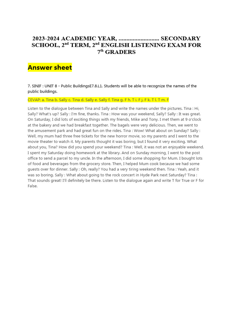 7 Grade 2nd Term 2nd Listening Exam Answers | PDF