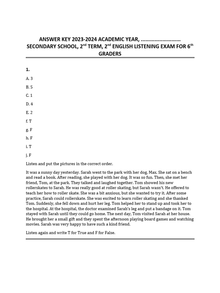 6th Grade 2nd Term 2nd Listening Exam Answer | PDF | Art