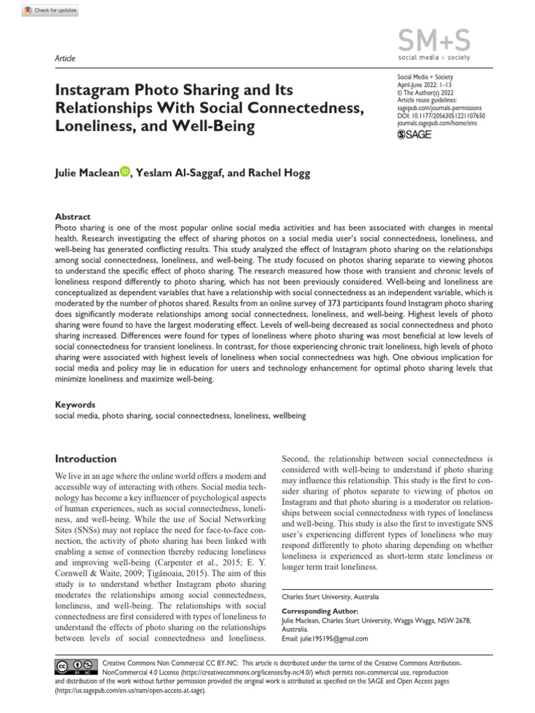 Maclean Et Al 2022 Instagram Photo Sharing and Its Relationships With ...