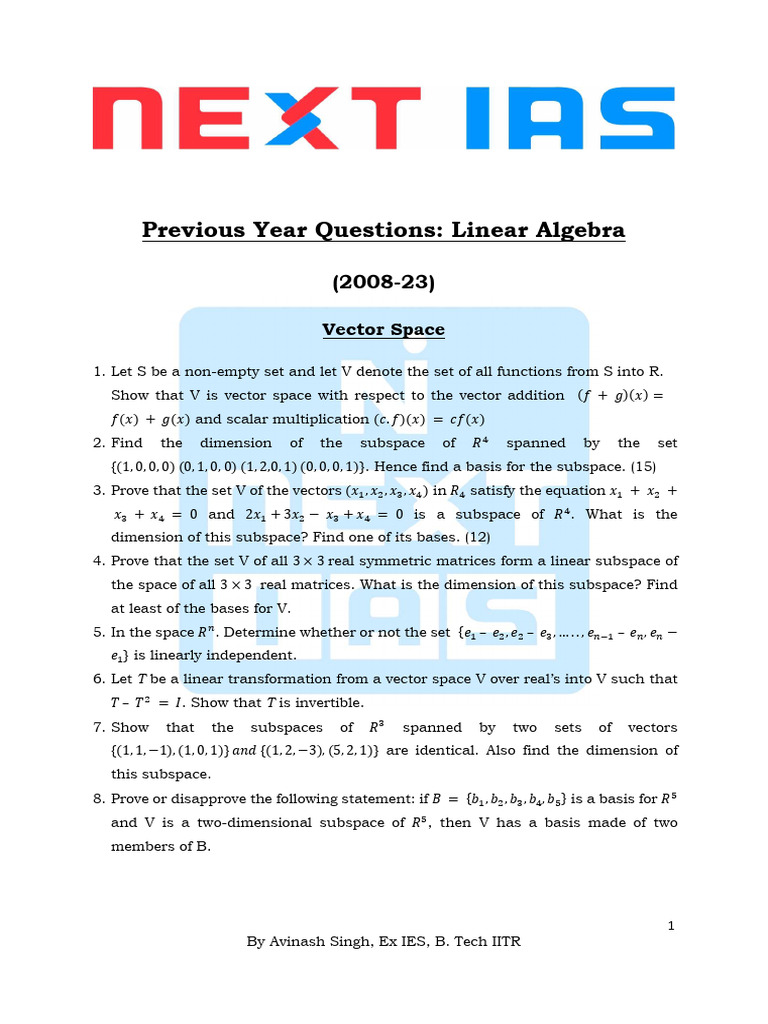 Previous Year Questions: Linear Algebra: Vector Space | PDF | Matrix ...