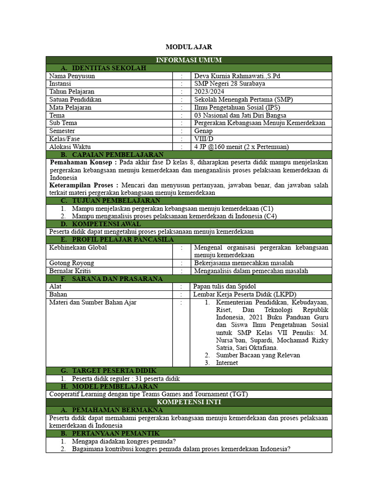Modul Ajar 8 B Tema 3 Sub Tema B Pergerakan Menuju Kemerdekaan Indonesia (Deva Kurnia R) | PDF