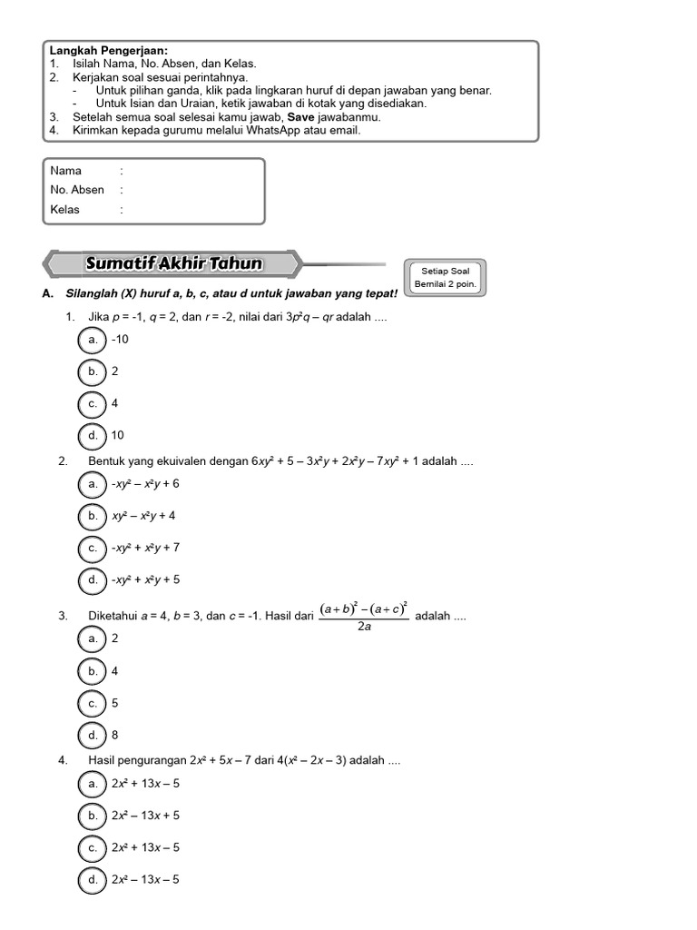 Sumatif Akhir Tahun Matematika 7 | PDF