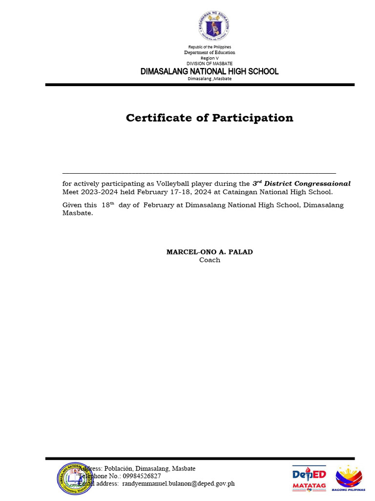 Volleyball Participation Certificate 2024 | PDF
