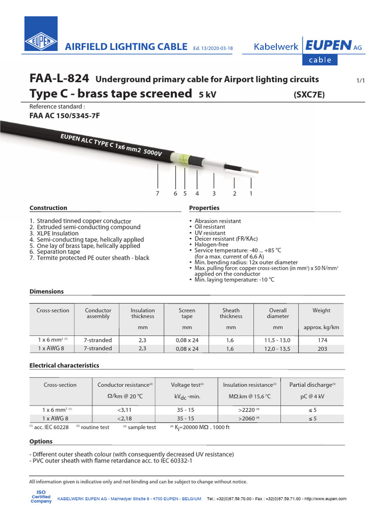 EUPEN Datasheet ALC Type C Brass Tape Screened 5kV SXC7E | Download ...