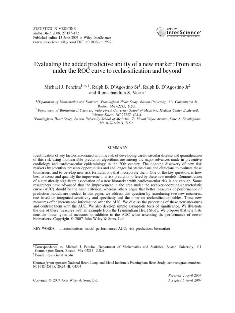 Pencina 2007 | PDF | Receiver Operating Characteristic | Sensitivity And Specificity