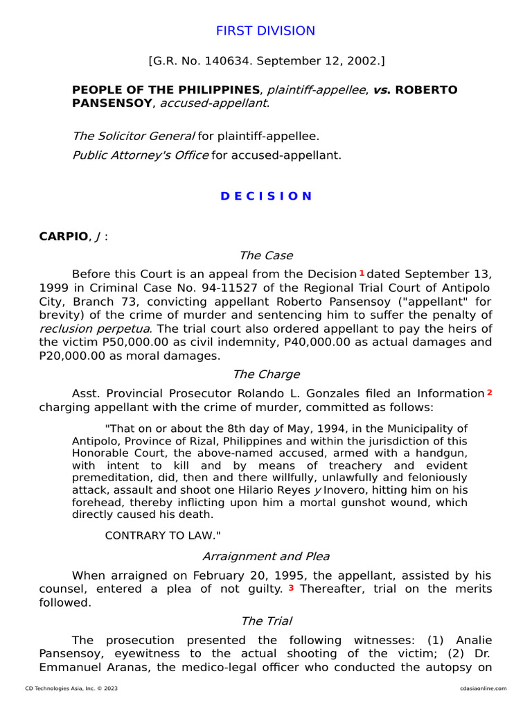 Murder Conviction Appeal: Pansensoy Case | PDF | Murder | Burden Of ...