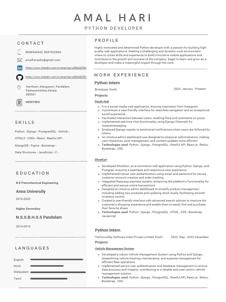 Amal Hari Python Developer | PDF | Postgre Sql | World Wide Web Amal Hari Python Developer | PDF | Postgre Sql | World Wide Web
