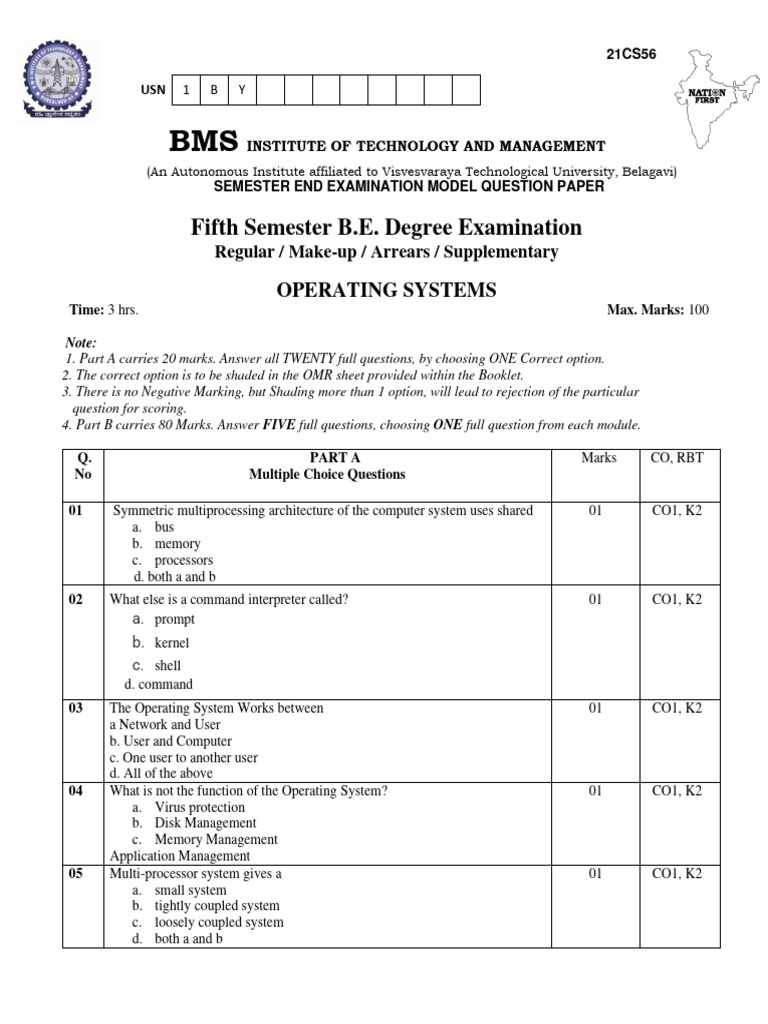 21CS56 - Model Question Paper | PDF | Operating System | C (Programming Language)