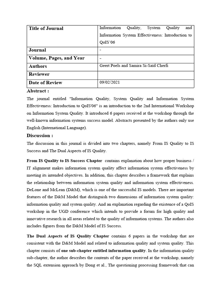 The Review of Information and System Quality Journal | PDF | Information