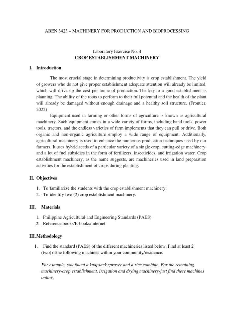 Laboratory Exercise No. 4 - ABEN 3423 | PDF | Agricultural Machinery | Agriculture