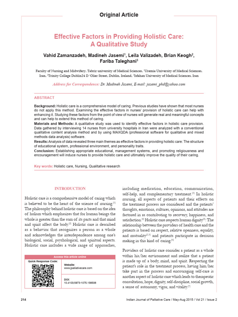 Effective Factors in Providing Holistic Care | PDF | Nursing | Holism