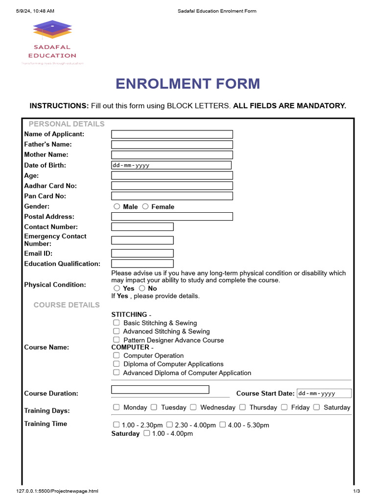 Sadafal Education Enrolment Form | PDF | Payments