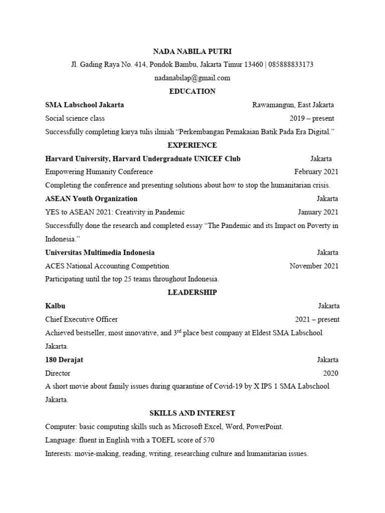 CV and Motivation Letter Nada Nabila Putri | PDF | Jakarta